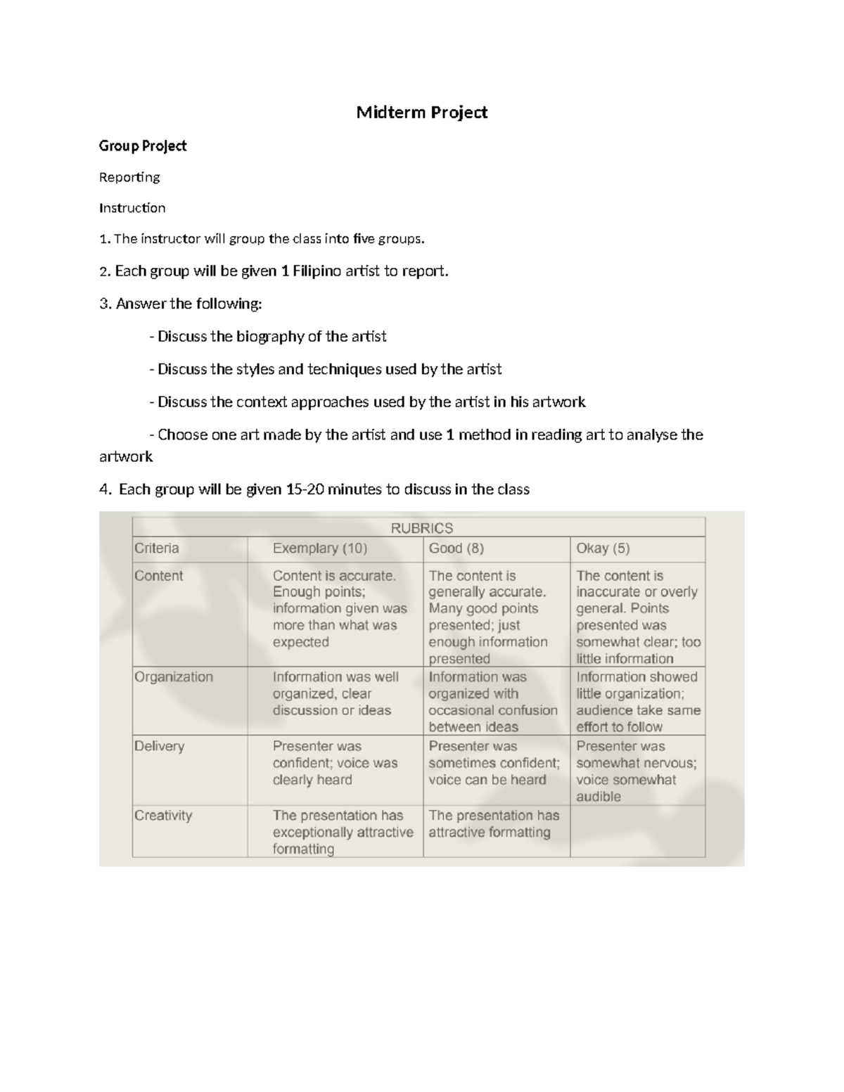 Midterm Project - art appreciation - Midterm Project Group Project Reporting Instruction 1. The ...