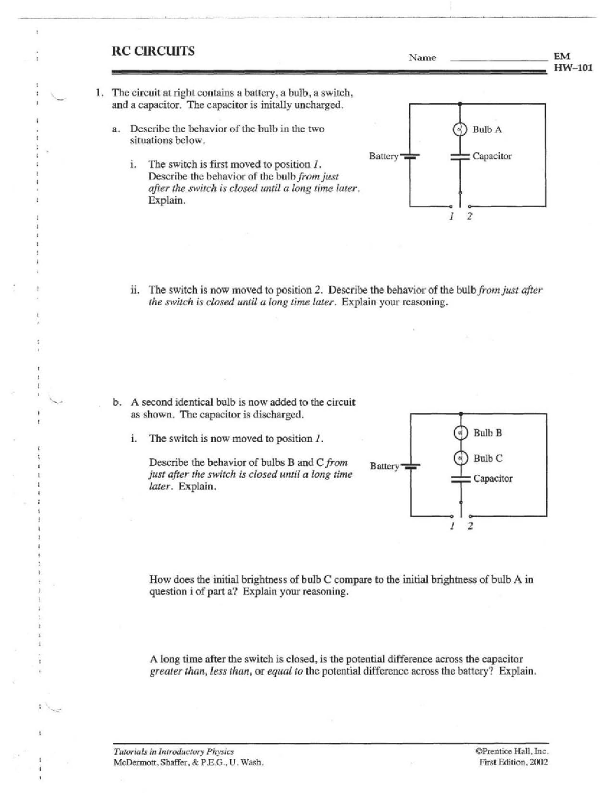 Homework RC - ' ..._ RC CIRClllTS 1. The circuit at right contains a ...