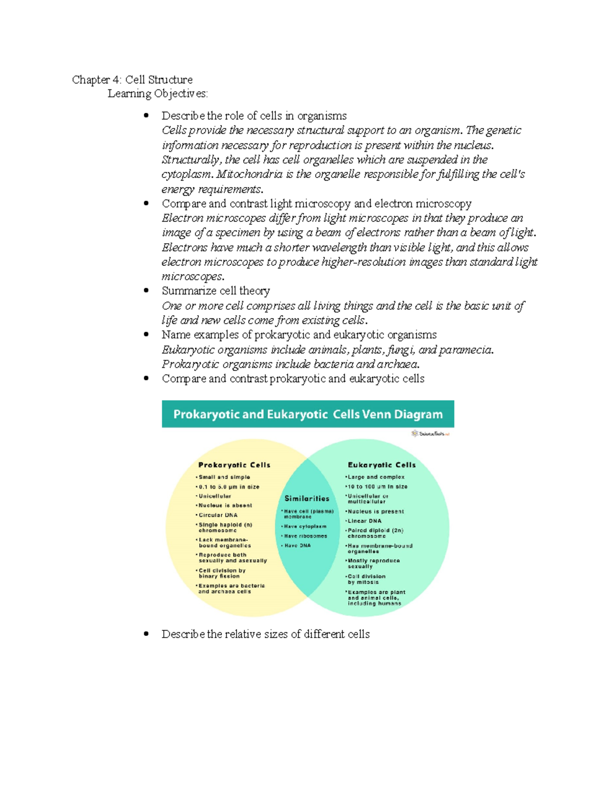 Chapter 4 MJ - Chapter 4: Cell Structure Learning Objectives: Describe ...