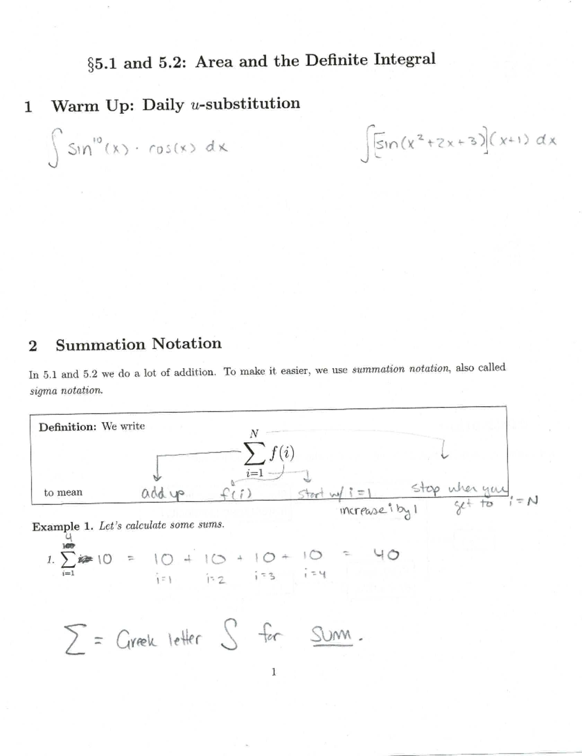 5 - Professor annotated notes about Area, Distance, and the Definite ...