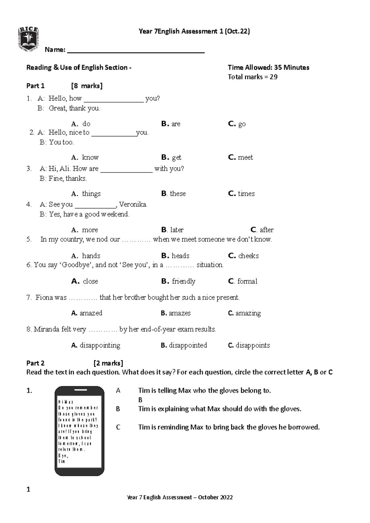 Year 7 English Oct22 - very good - Year 7English Assessment 1 (Oct ...