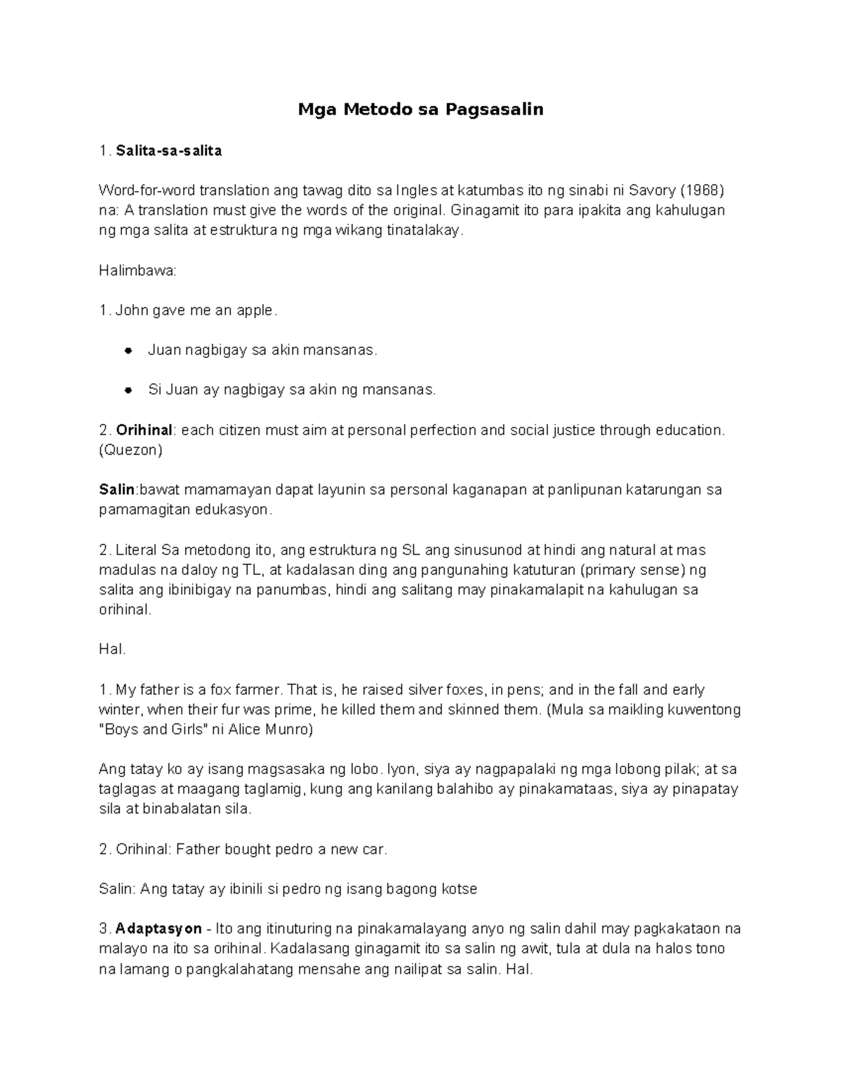 Mga Metodo sa Pagsasalin - Mga Metodo sa Pagsasalin Salita-sa-salita ...
