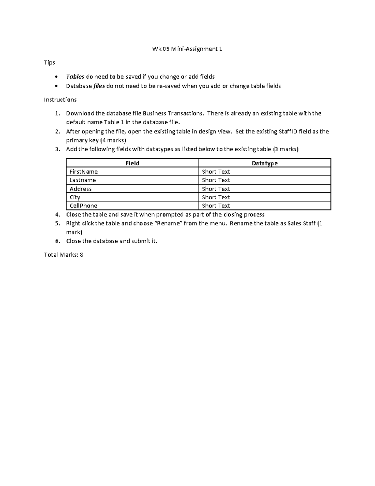Wk 09 Mini Assignment 1 Instructions Wk 09 Mini Assignment 1 Tips Tables Do Need To Be Saved