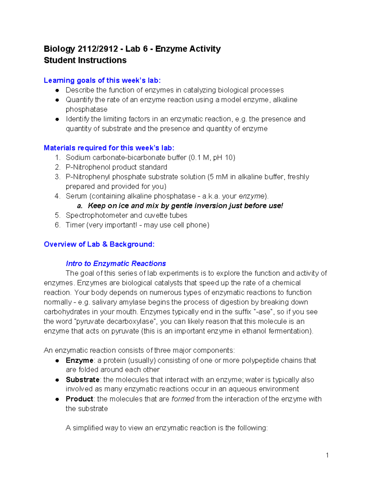 Lab 6 - Enzyme Activity - Student Instructions ed - Biology 2112/2912 ...