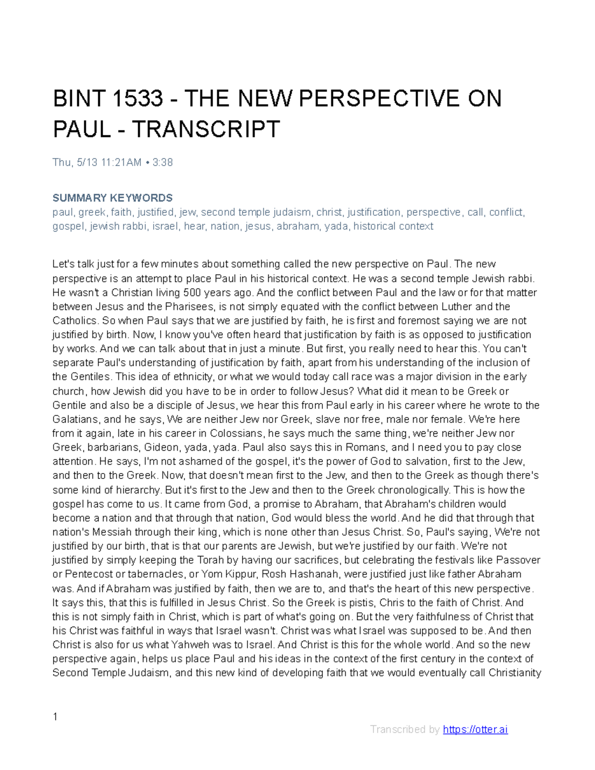 BINT 1533 - THE NEW Perspective ON PAUL - Transcript - BINT 1533 - THE NEW PERSPECTIVE ON PAUL ...