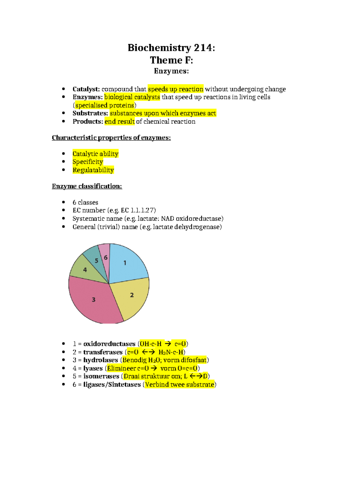 Tema F - Summary Biochemistry - Biochemistry 214: Theme F: Enzymes ...