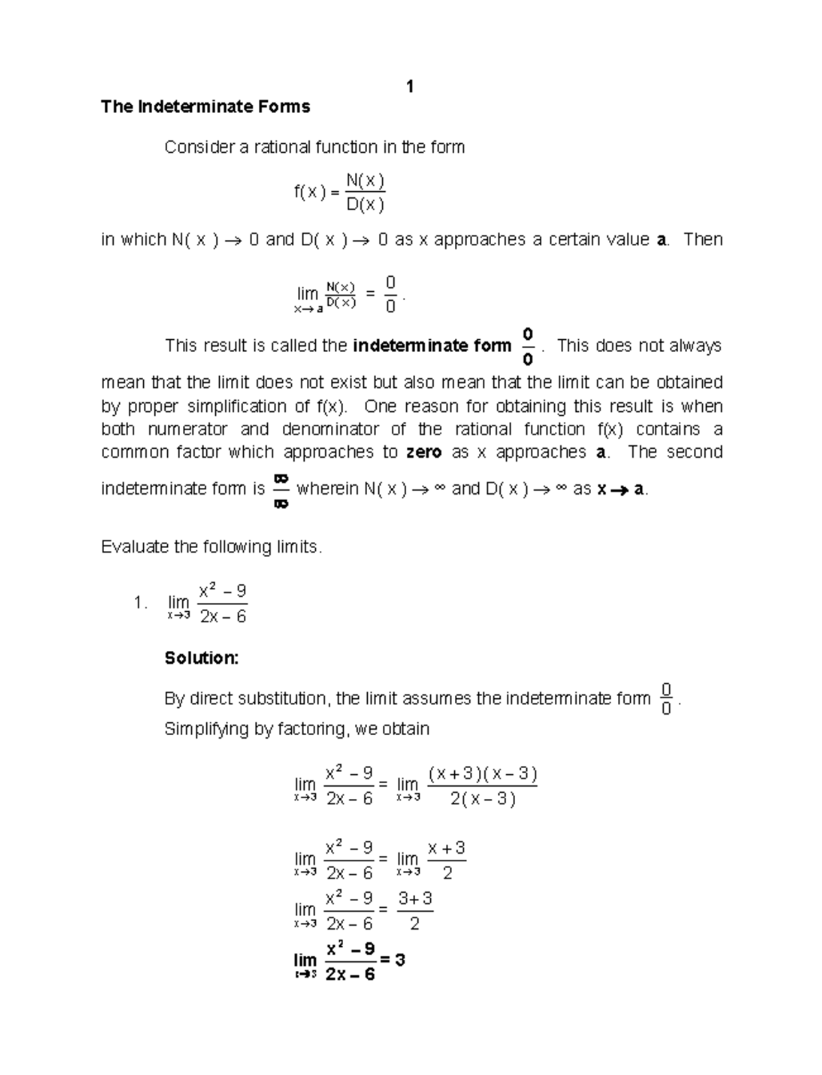 Indeterminate Forms - calculus - 1 The Indeterminate Forms Consider a ...
