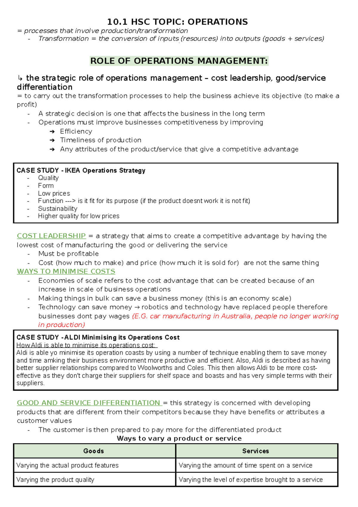Operations Notes - 10 HSC TOPIC: OPERATIONS = processes that involve ...