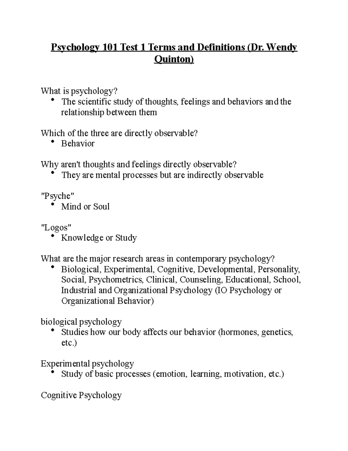 Psychology 101 Test 1 Terms and Definitions - Psychology 101 Test 1 ...