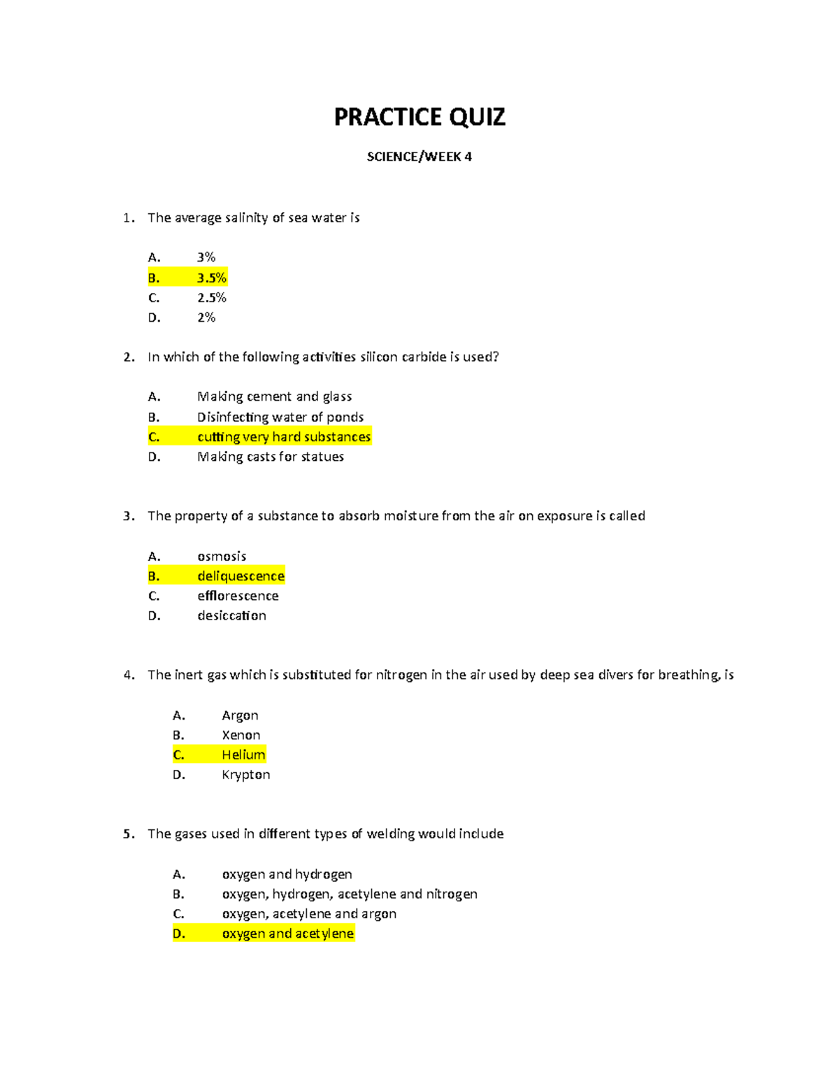 Practice QUIZ Science 4 - PRACTICE QUIZ SCIENCE/WEEK 4 The average ...
