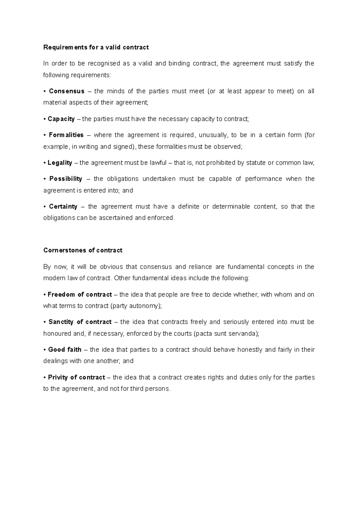 Law of contract exam preparation - Requirements for a valid contract In ...