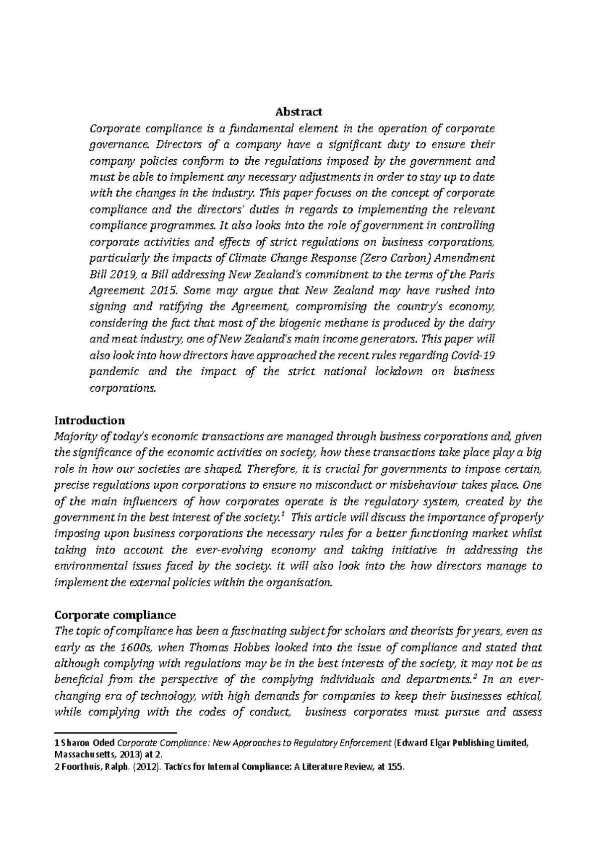Corporate Governance assignment - Abstract Corporate compliance is a ...