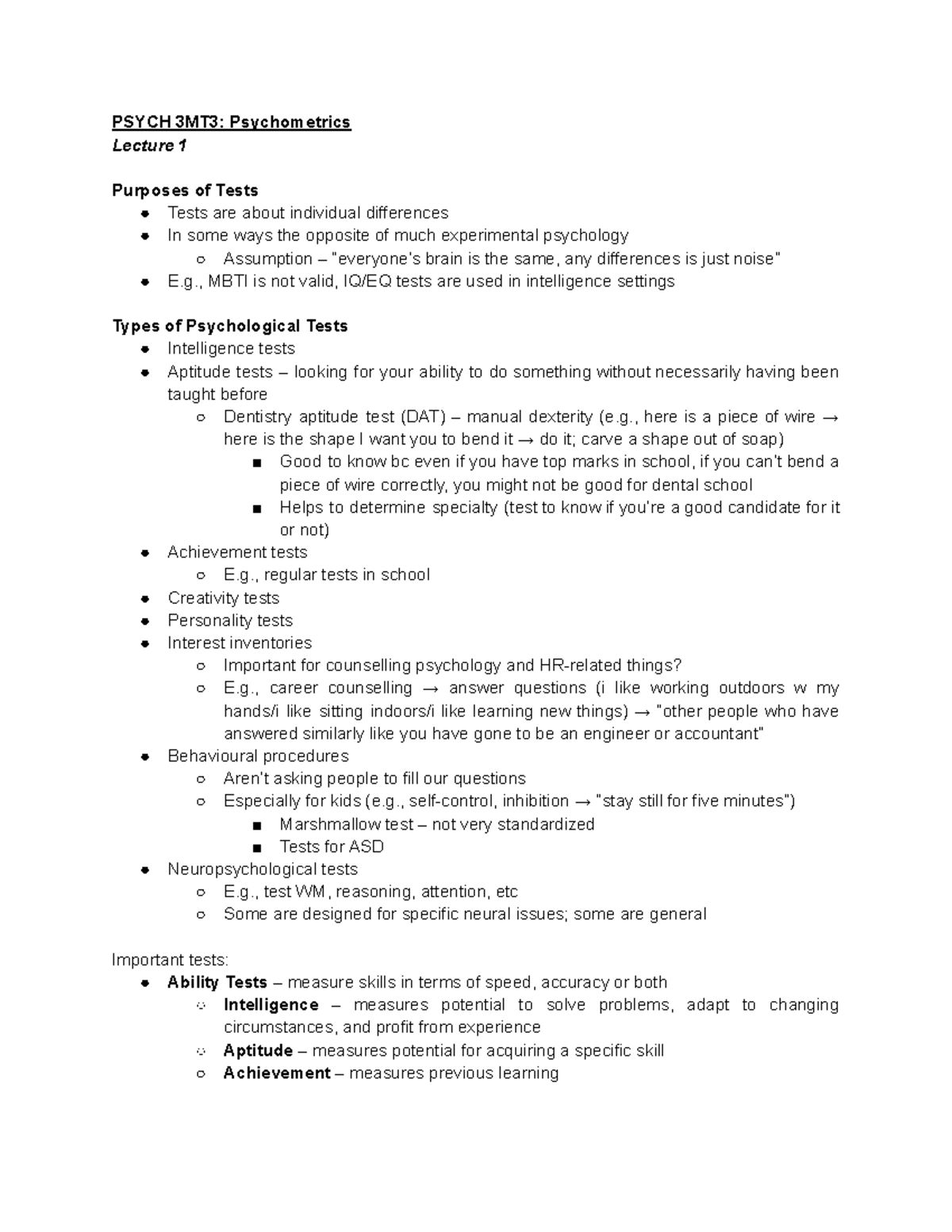 Psych 3mt3 Lecture Notes Psychometrics Overview And Tests Psych 3mt3 Psychometrics Lecture 1