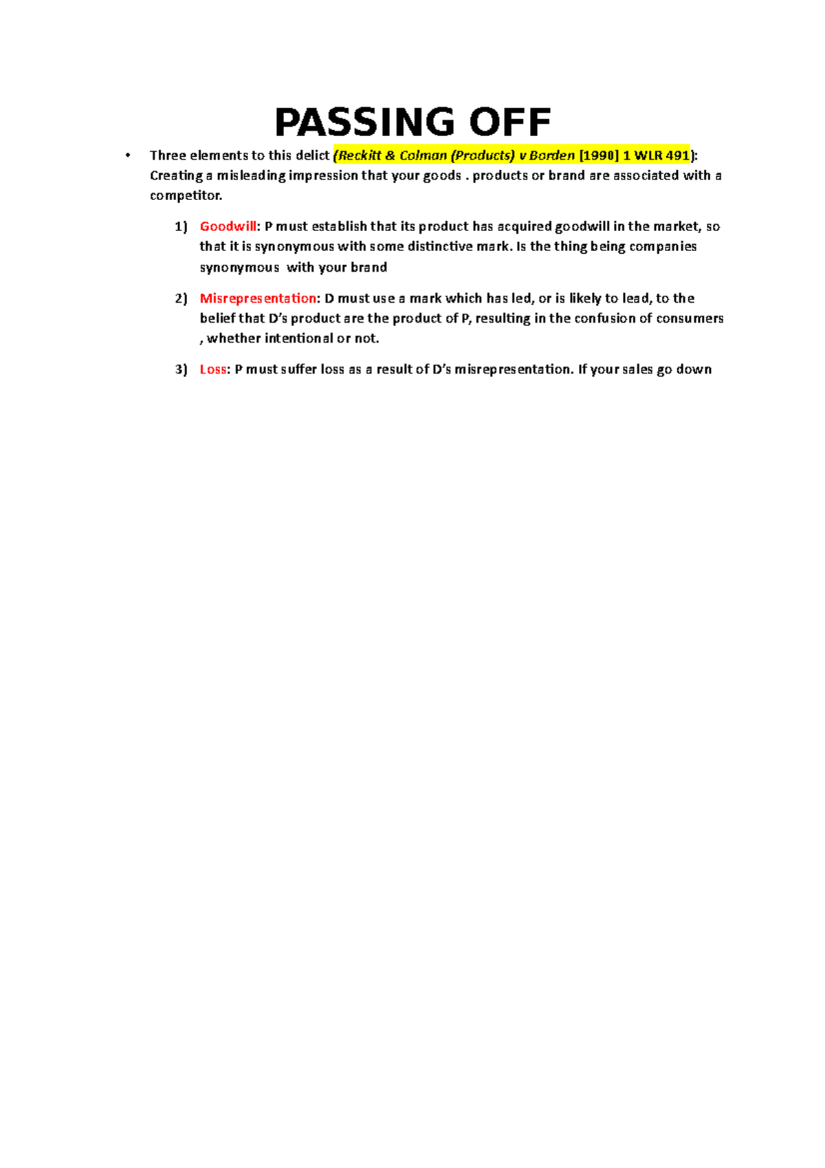 Passing Off Summary - PASSING OFF - Three elements to this delict ...