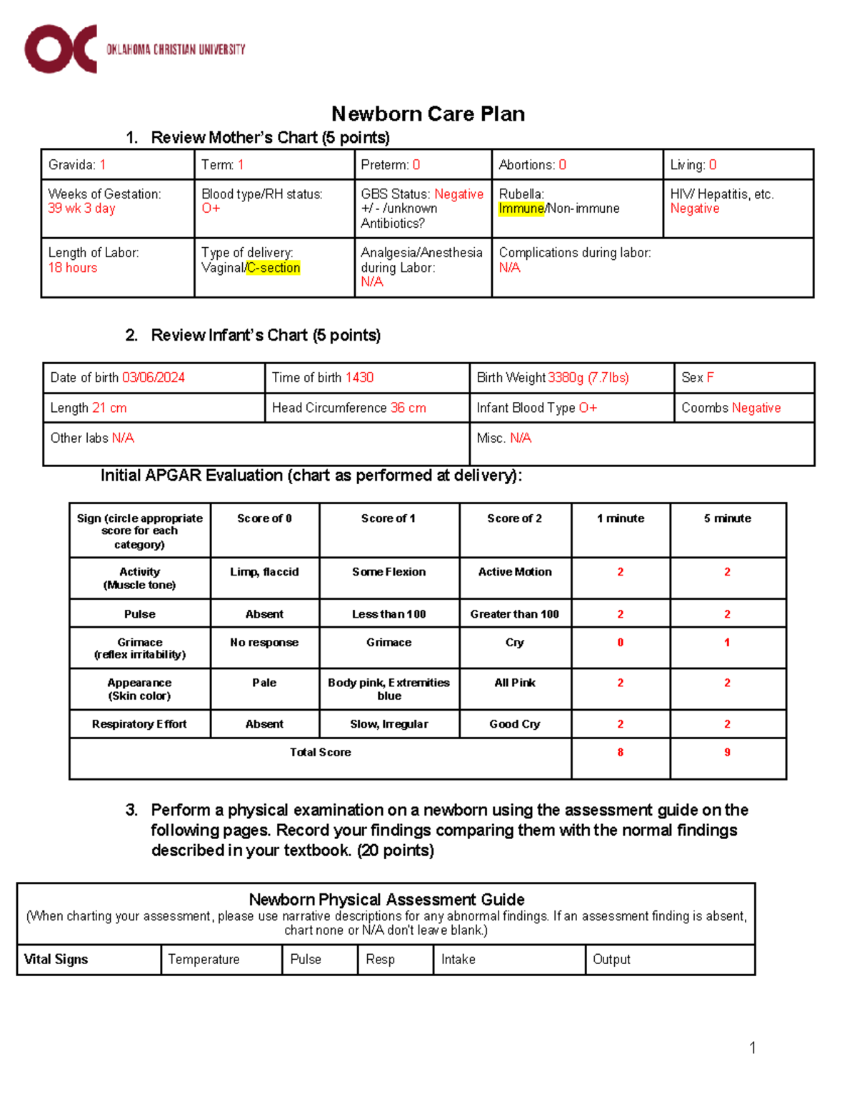 Newborn Care Plan - 1HZERUQ &DUH 3ODQ 5HYLHZ 0RWKHU¶V &KDUW SRLQWV ...