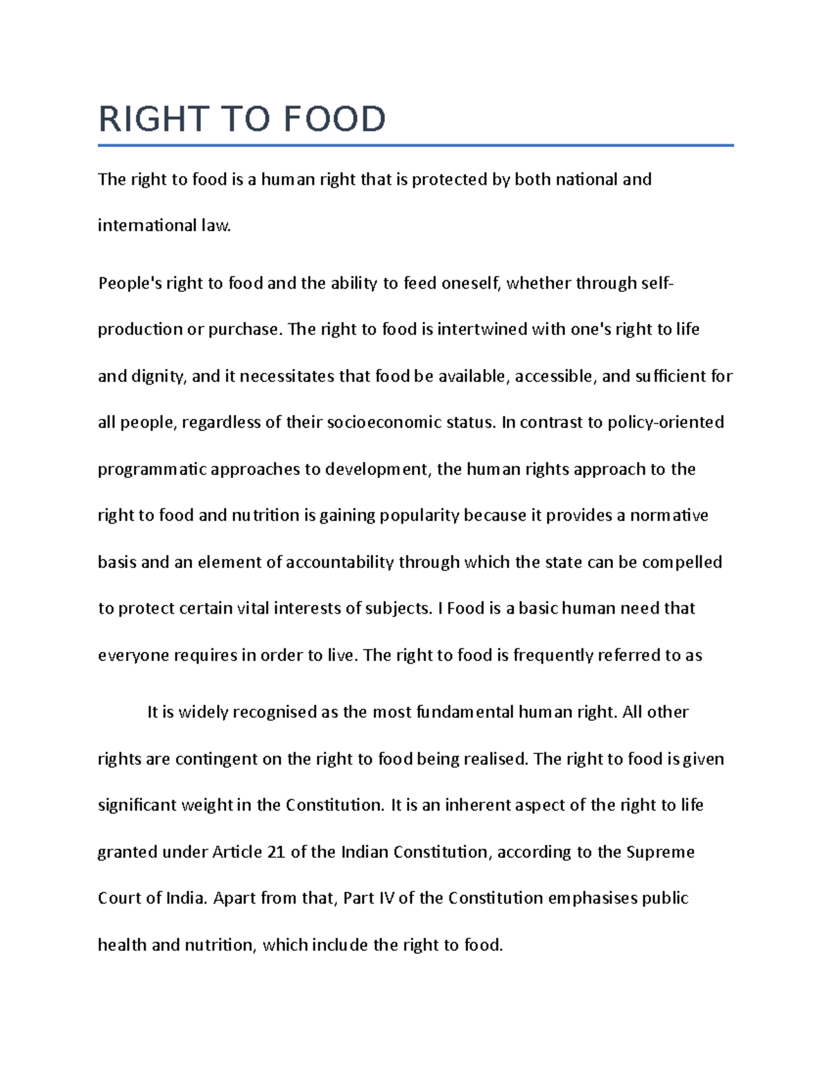 Brife NOTE ON Right TO FOOD - RIGHT TO FOOD The right to food is a ...