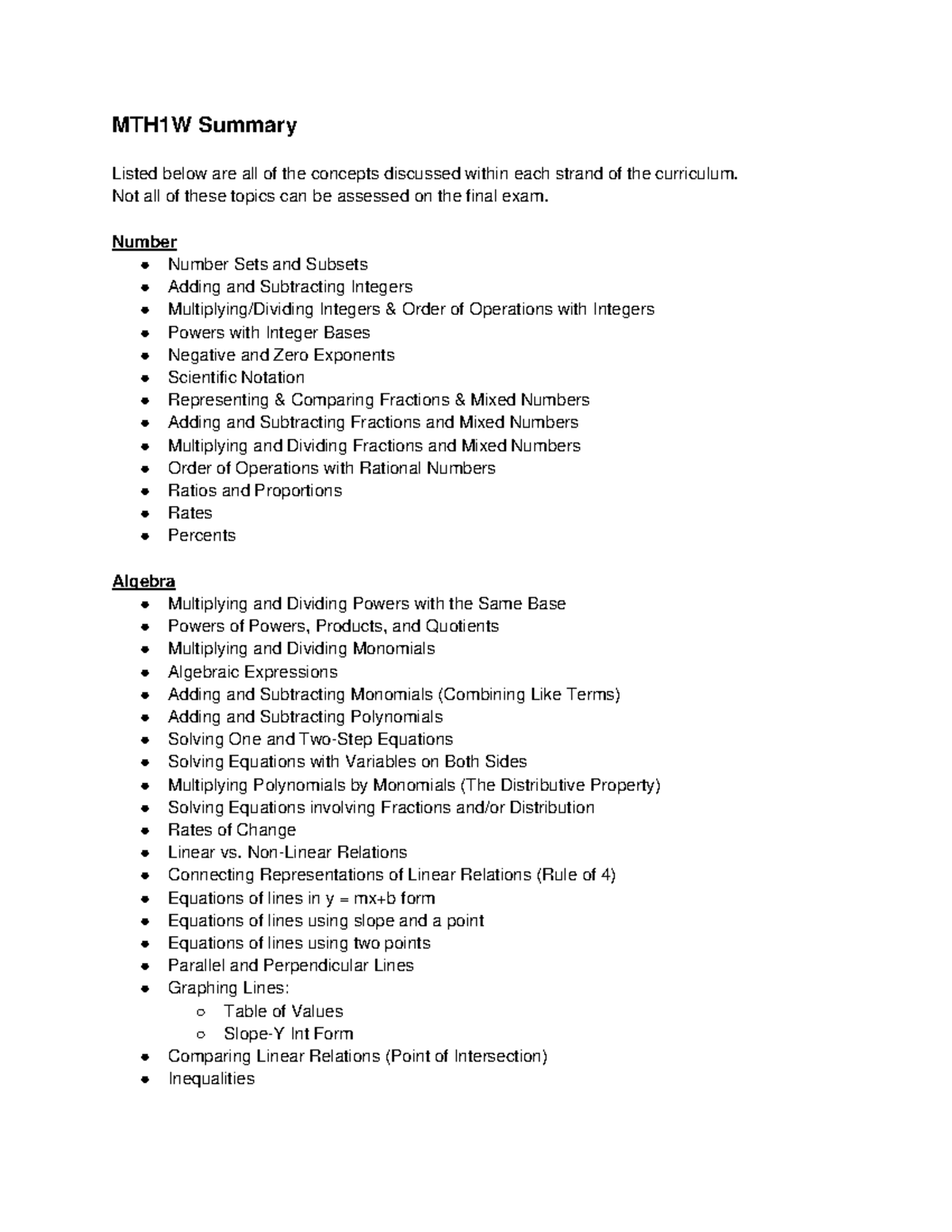MTH1W 2023 Lesson Topics - MTH1W Summary Listed below are all of the ...