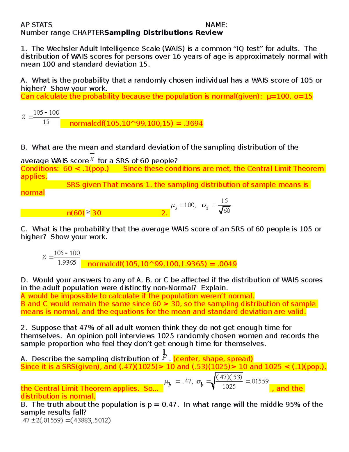 More review clt with answers - AP STATS NAME: Number range ...