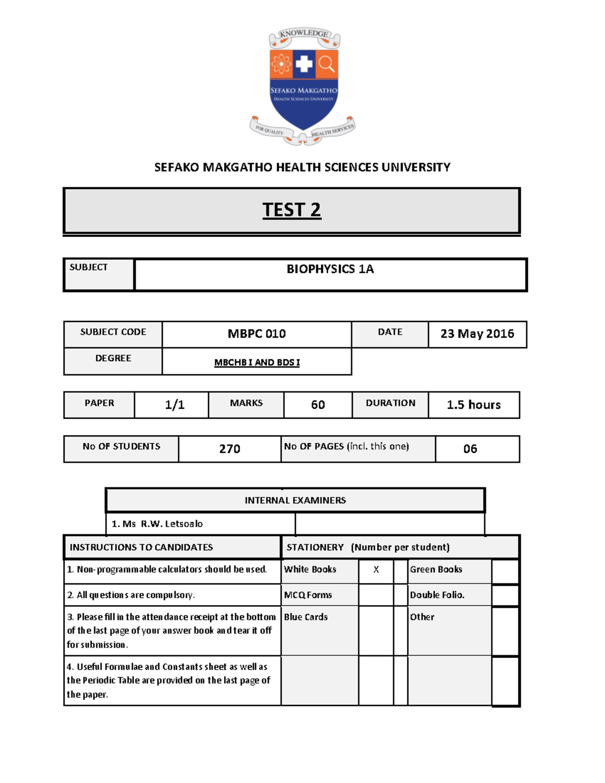 Biophysics 1A Test 2 | 2016 | MBCHB 1& BDS1|Sefako Magatho Health ...