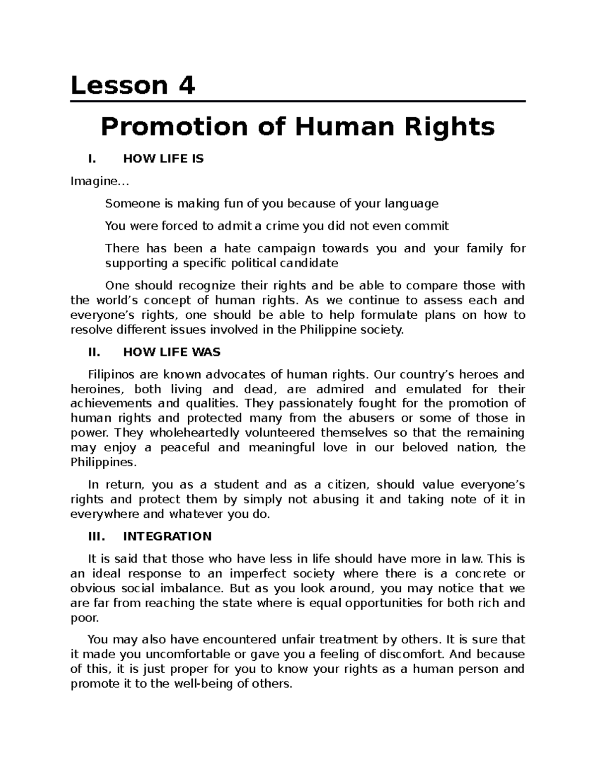 Lesson 4 - Reference - Lesson 4 Promotion of Human Rights I. HOW LIFE ...