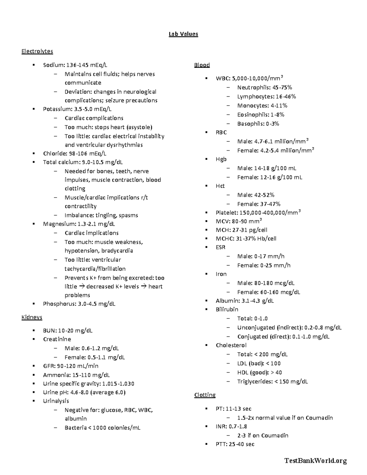ATI lab values study guide PDF - Lab Values Electrolytes Sodium: 136 ...