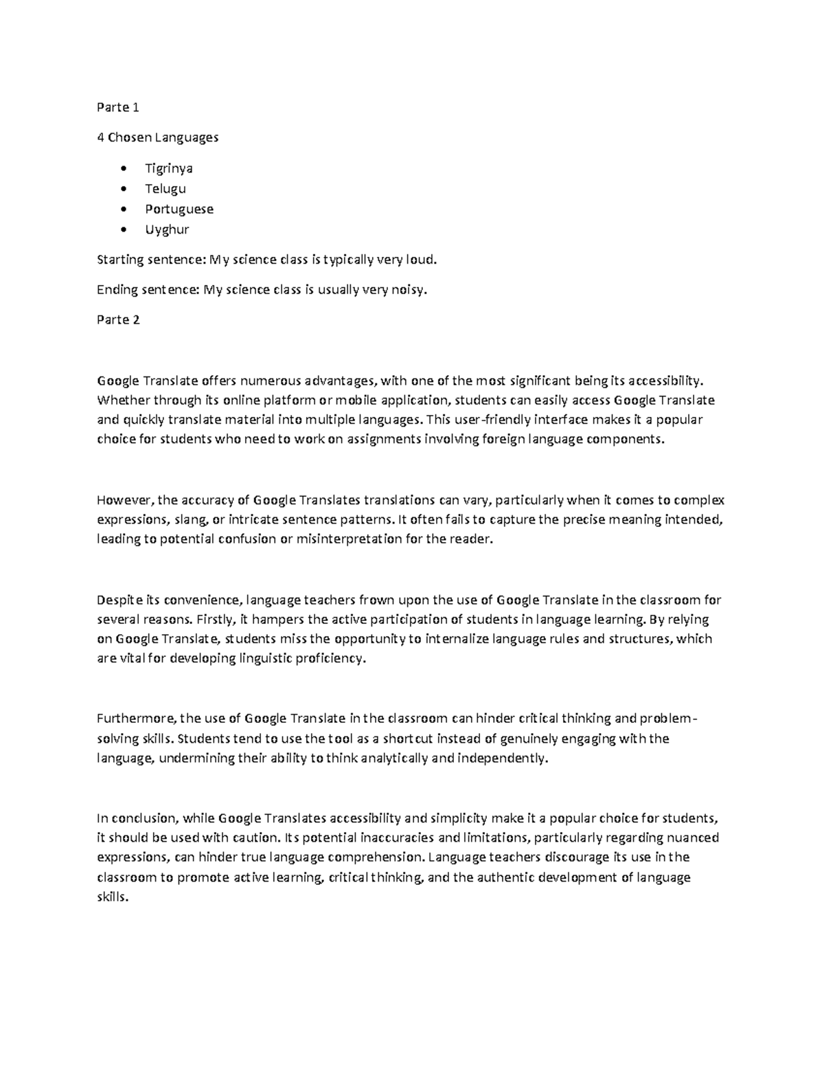 Google Translate is not your friend Assignment - Parte 1 4 Chosen Languages Tigrinya Telugu ...