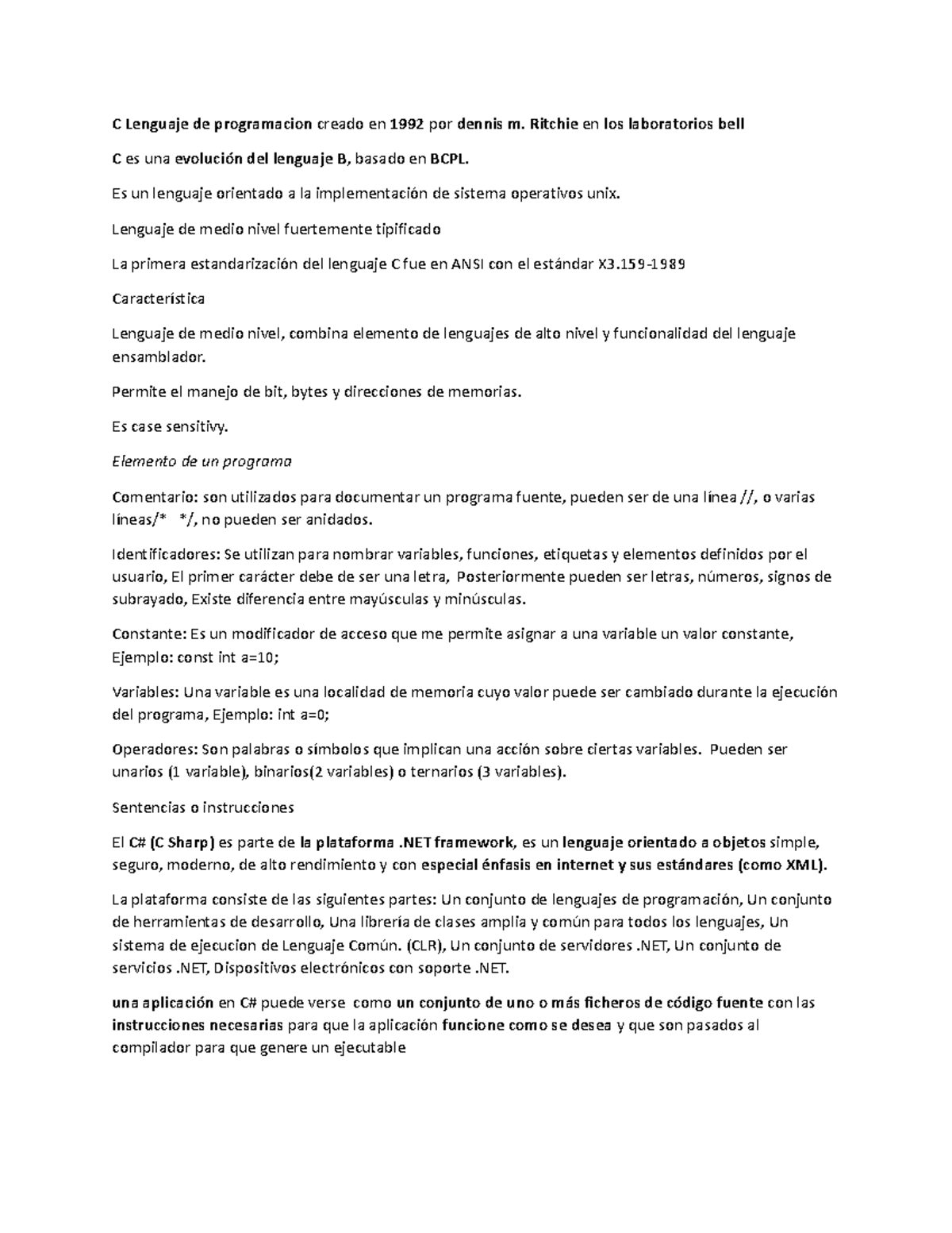 C Lenguaje de programacion creado en 1992 por dennis m - Ritchie en los ...