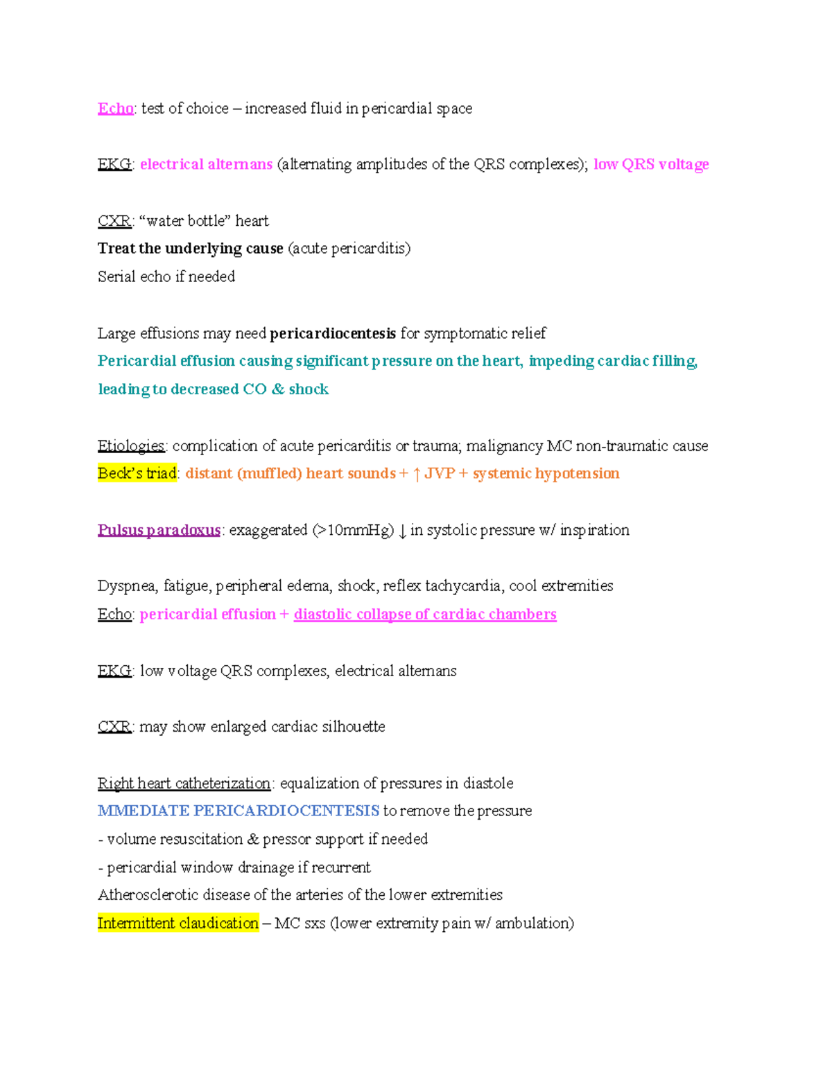 Echo reading 1 - lecture notes - Echo: test of choice – increased fluid ...