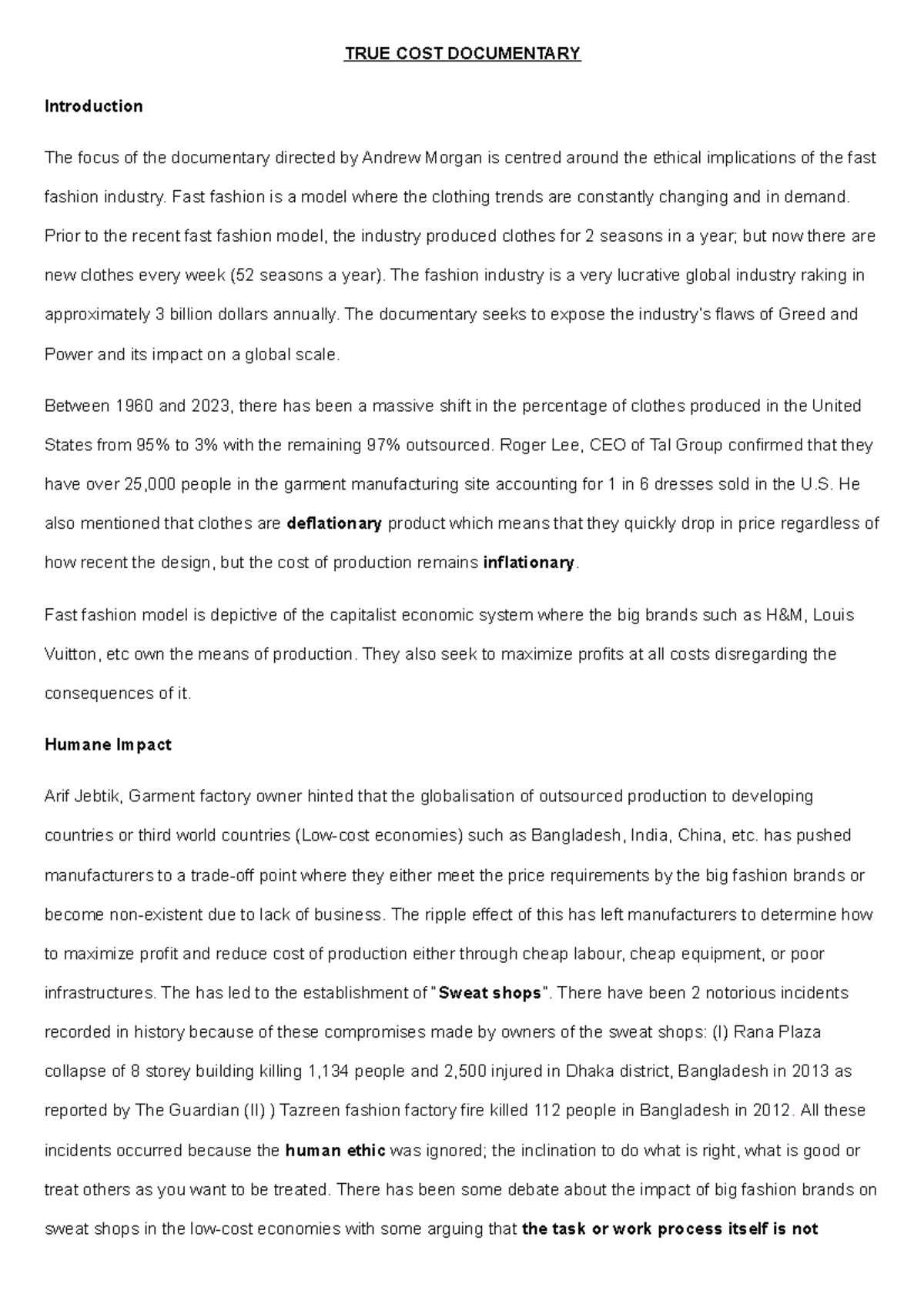 TRUE COST Documentary - Summary of the ethical implications of the fast ...