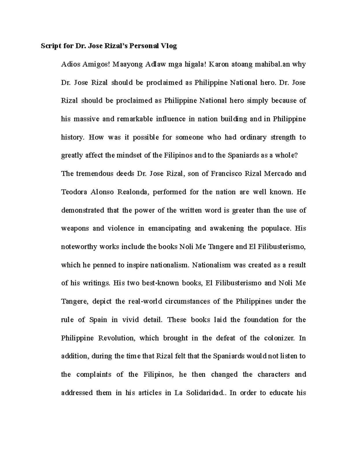 Script for Dr. Jose Rizal Personalized Vlog-3 - Script for Dr. Jose ...