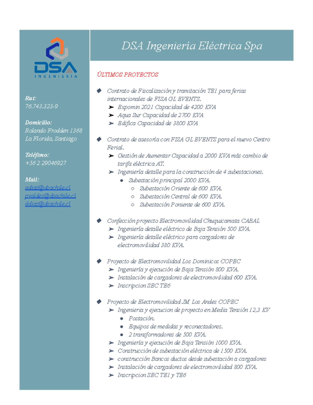 CV DSA Ingenieria Electrica Spa - Rut: 76.743- Domicilio: Rolando ...