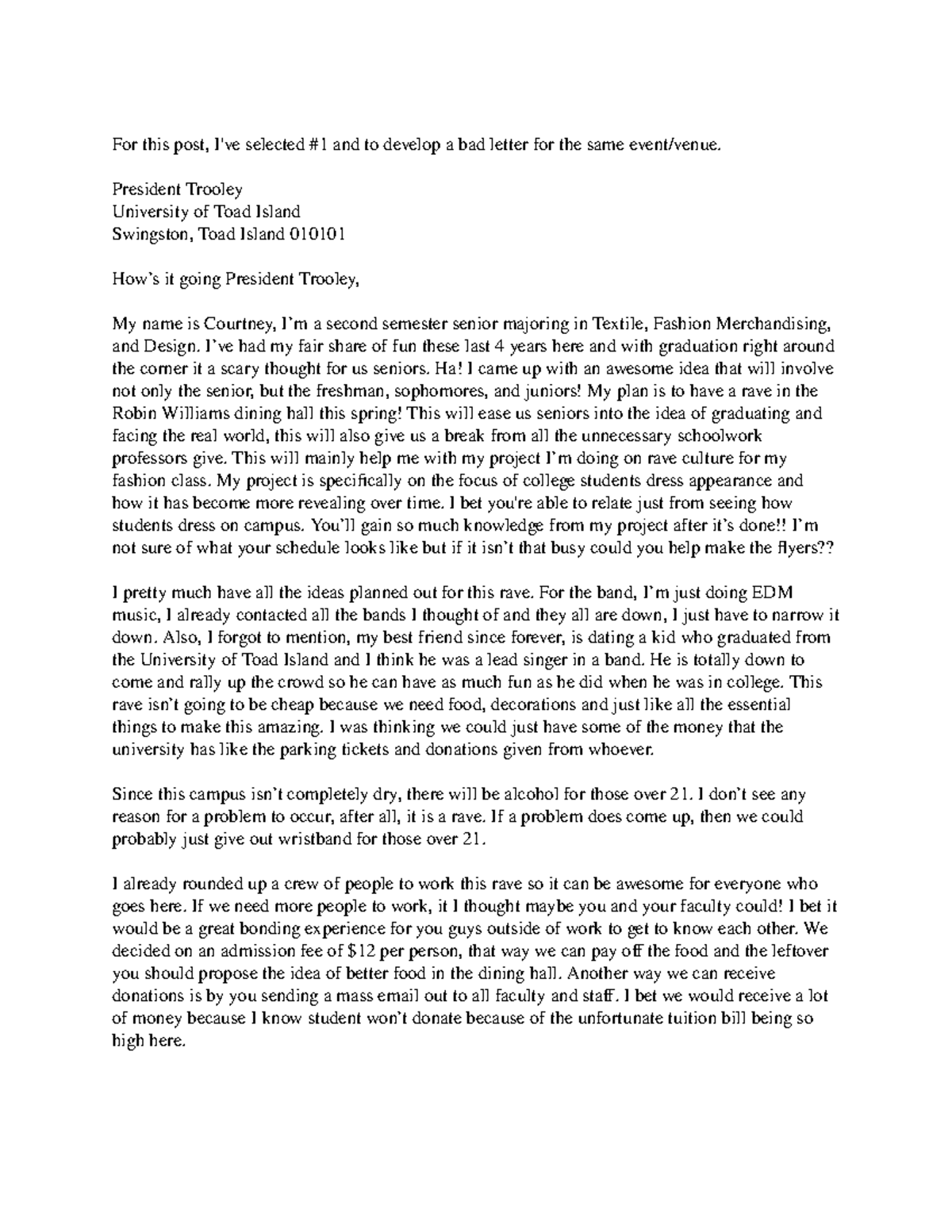 "Bad" Letter Assignment - For this post, I've selected #1 and to ...