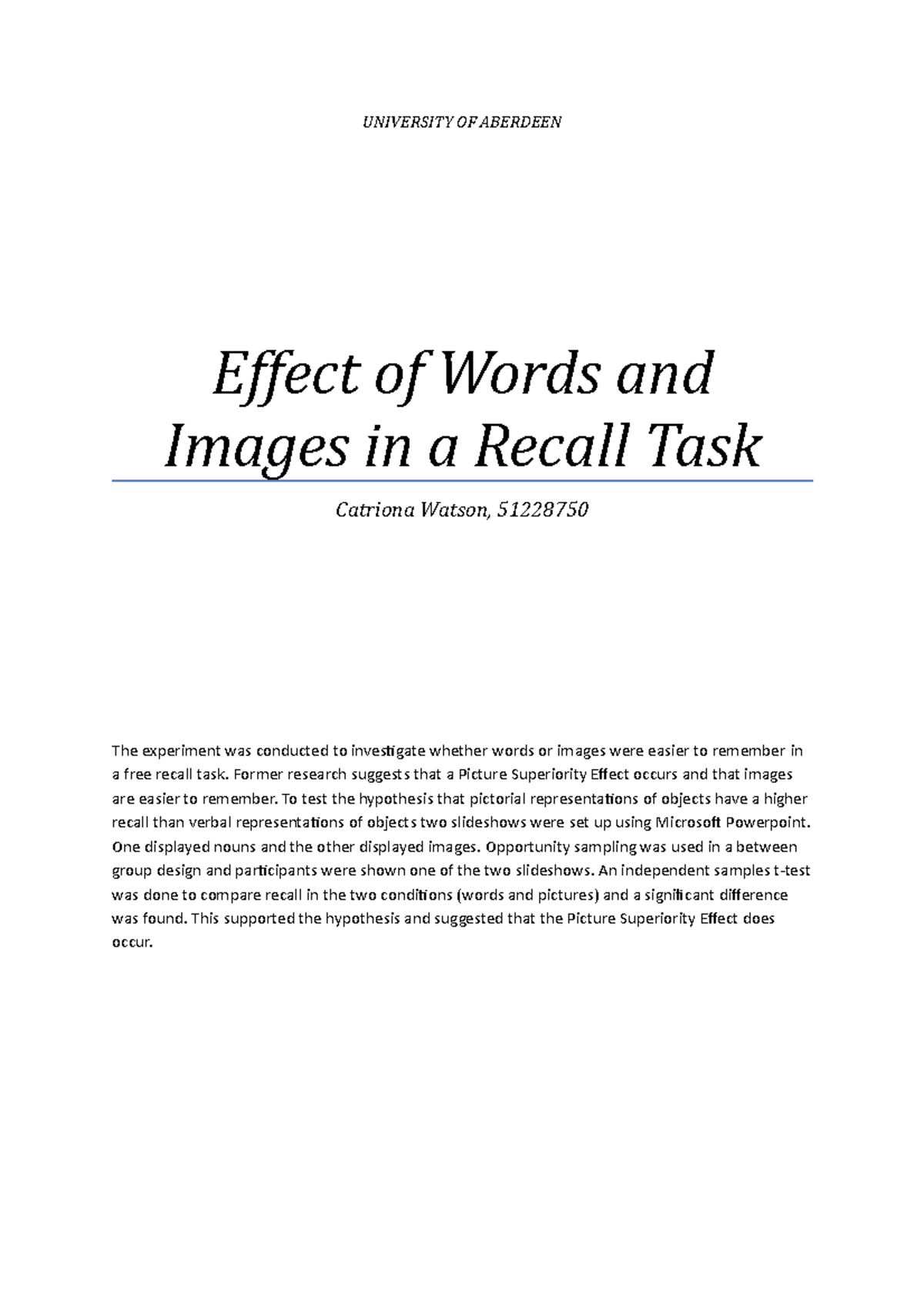 Picture Superiority Effect Report - UNIVERSITY OF ABERDEEN Effect of ...