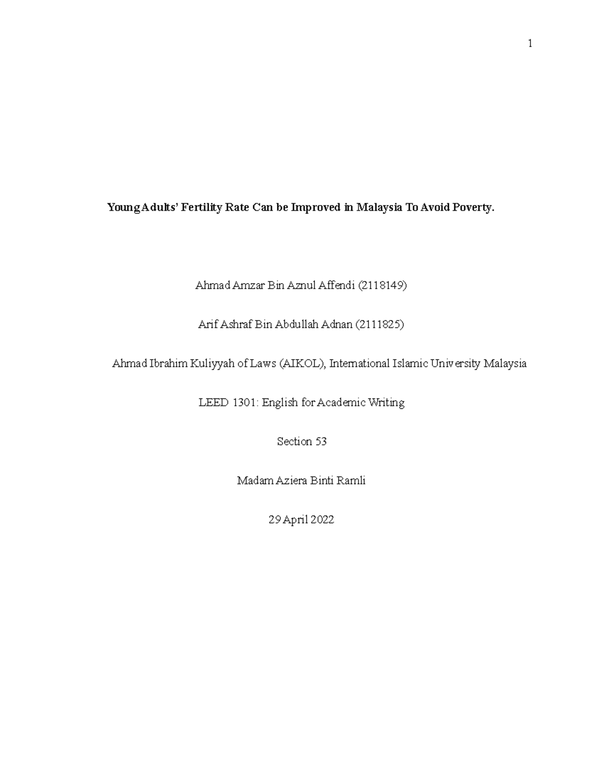 Group 4 - Extended essay 1st draft - Young Adults’ Fertility Rate Can ...
