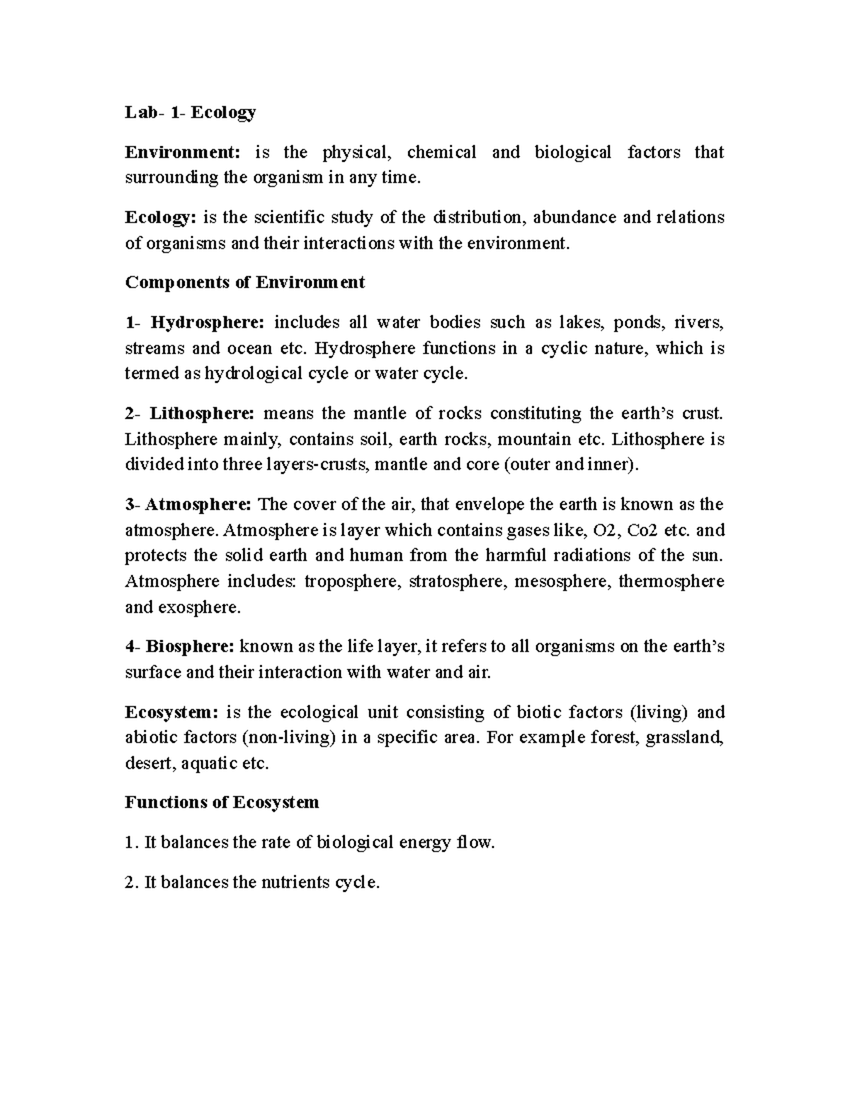 Ecology - Lab- 1- Ecology Environment: is the physical, chemical and ...