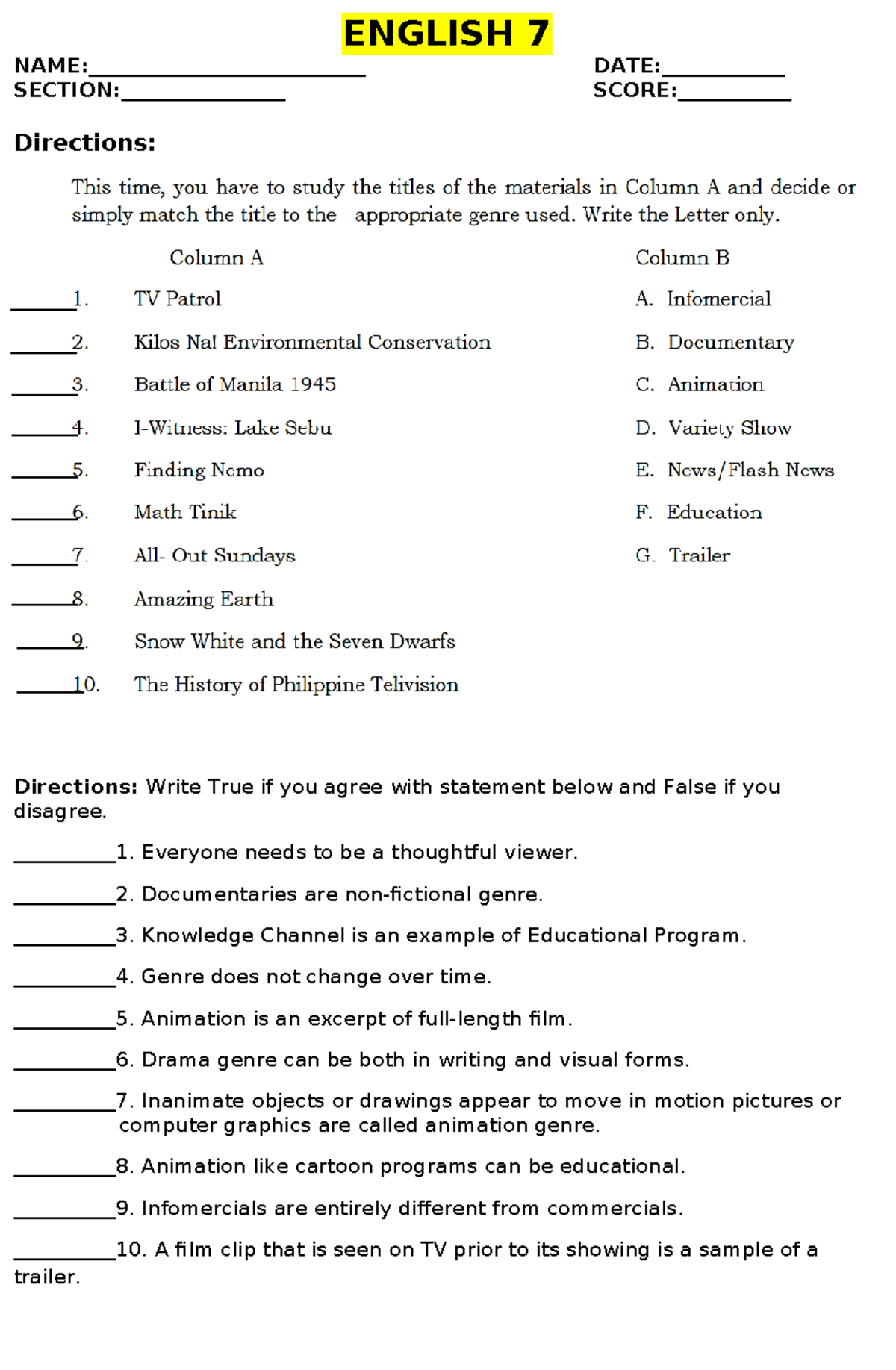 English 7 q1 week 2 - assignment - ENGLISH 7 NAME ...