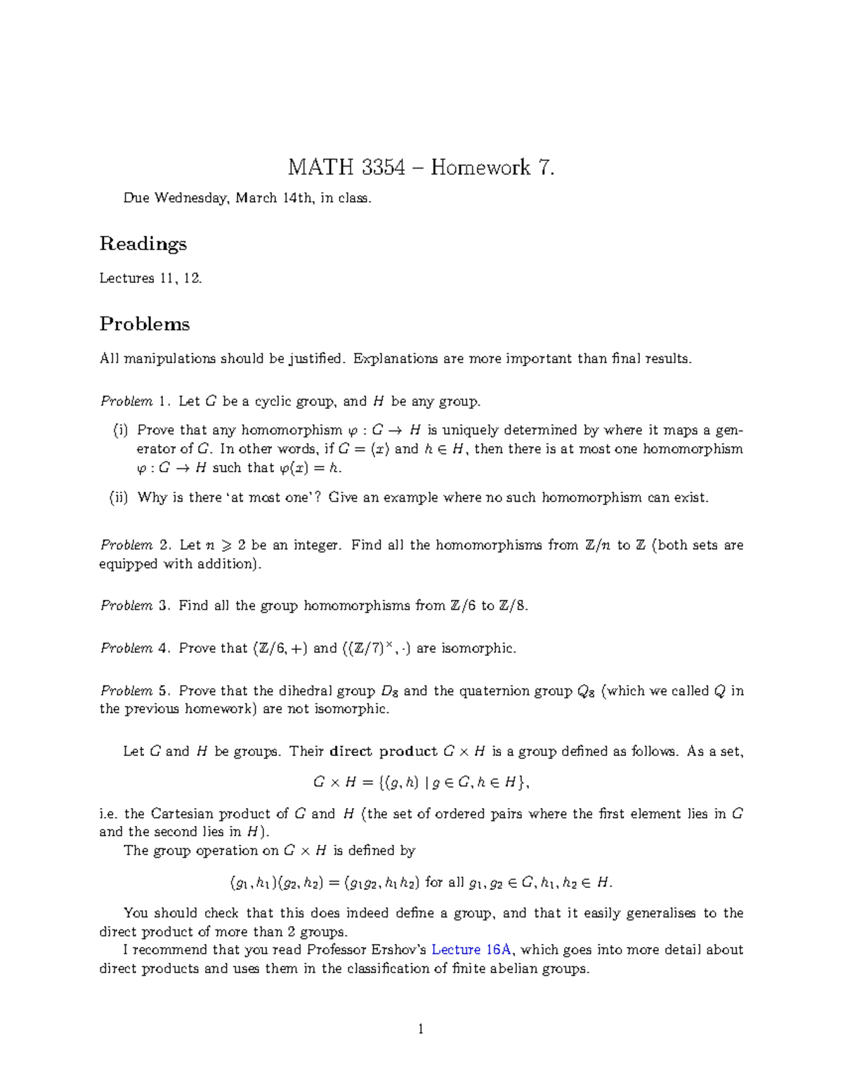 HW7 - Written Homework - MATH 3354 – Homework 7. Due Wednesday, March 14th, in class. Readings ...