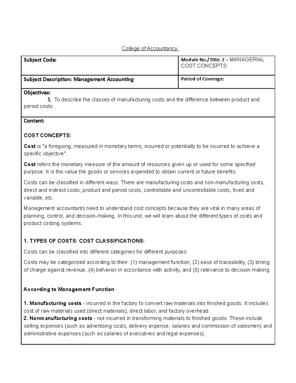 Module 2 week 2 - Managerial Accounting A. Y. 2020-2021 - College of ...