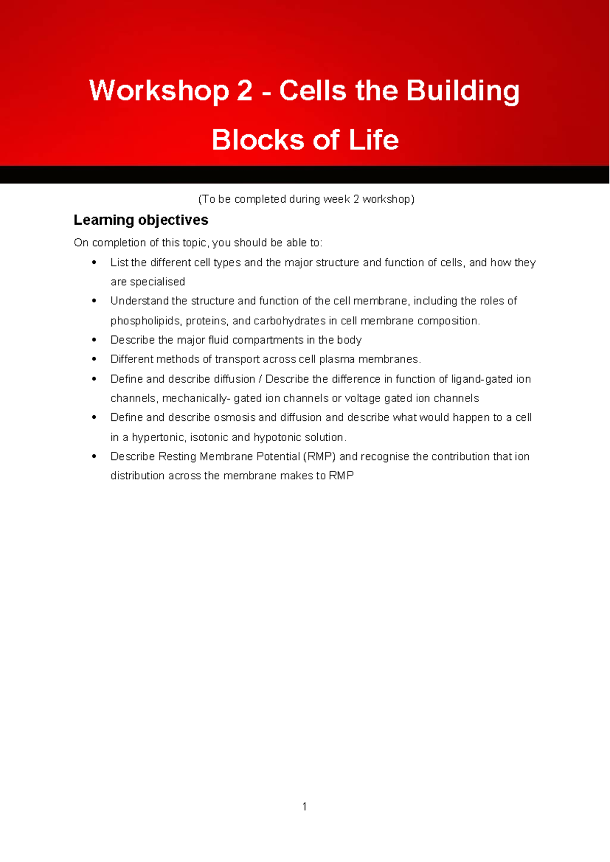 Workshop 2 Cells - Building blocks of life - Workshop 2 - Cells the ...