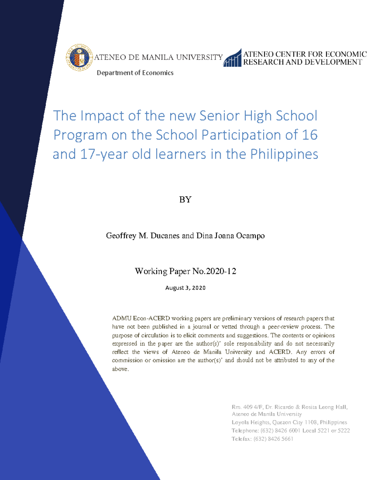 ADMU WP 2020-12 - Research - The Impact of the new Senior High School ...