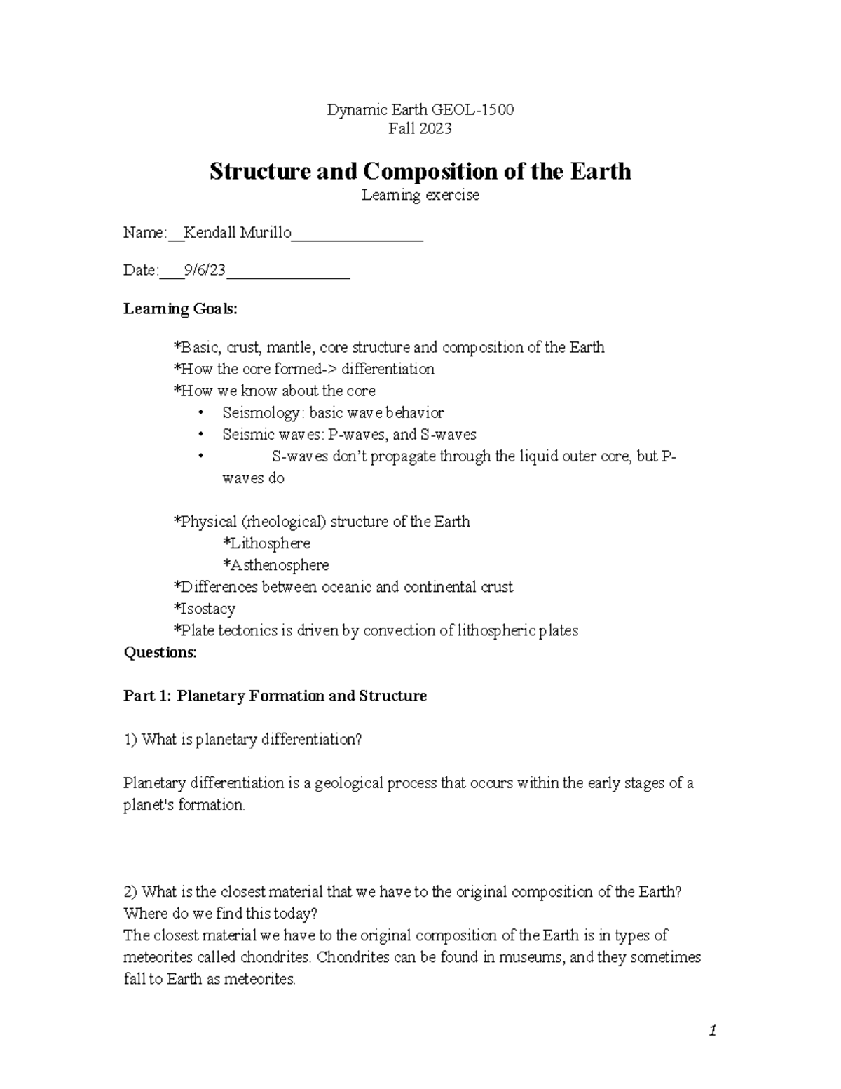 Exercise 1 Interior of the Earth Fall2023 - Dynamic Earth GEOL- Fall ...