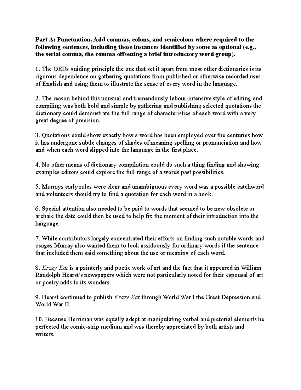 Sample Quiz - Part A: Punctuation. Add commas, colons, and semicolons ...