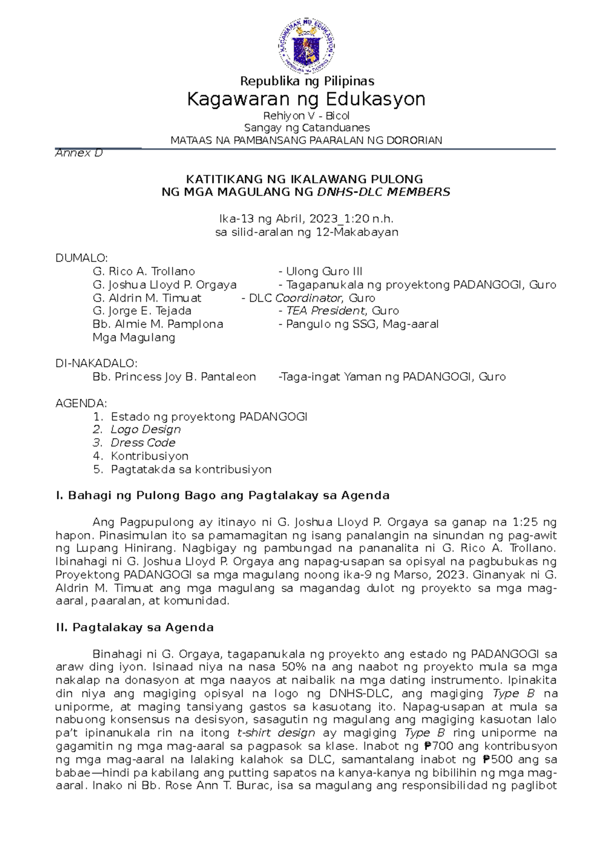 Katitikang Pulong - Republika ng Pilipinas Kagawaran ng Edukasyon ...