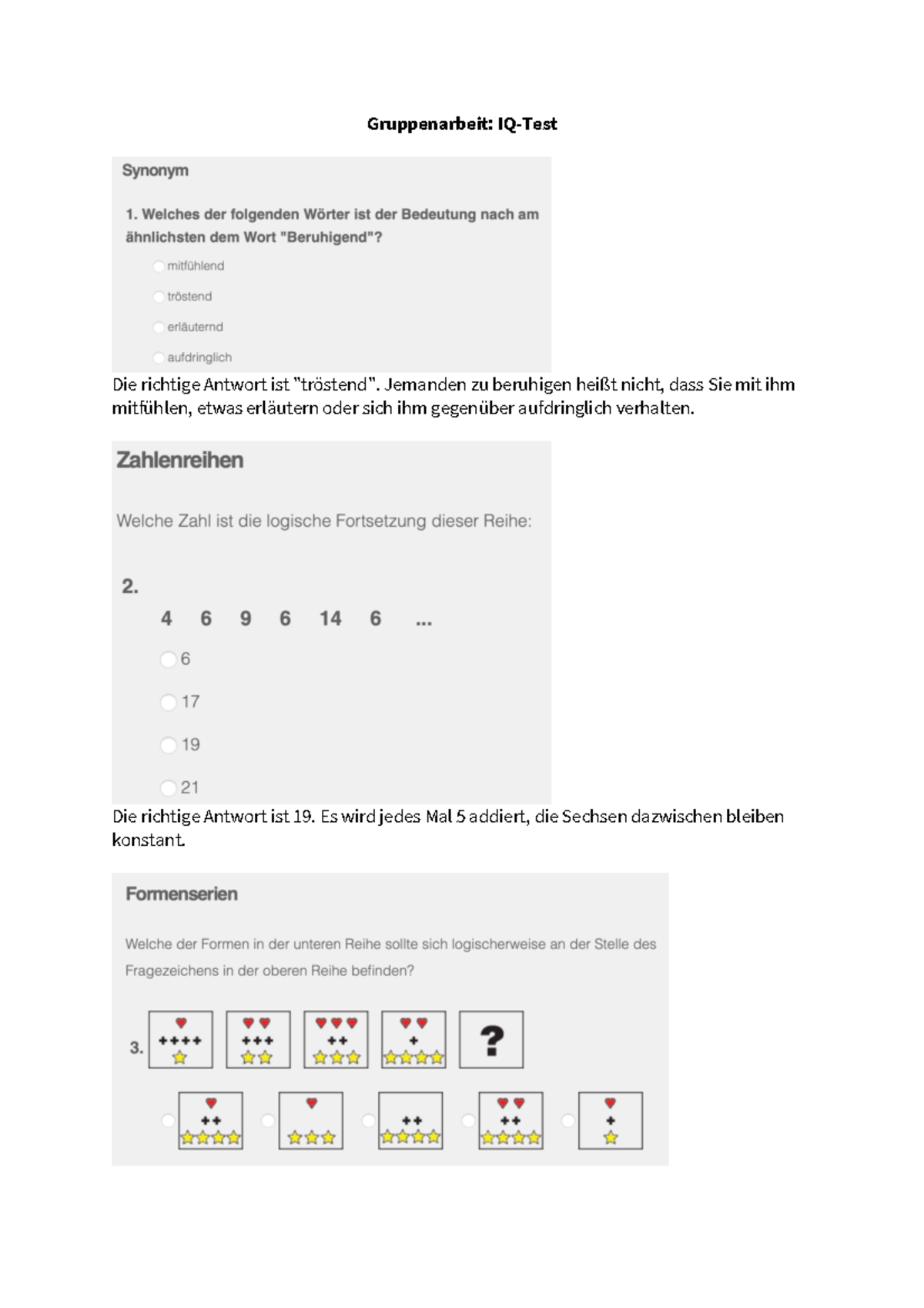 Arbeitsblatt IQ-Test - Übungsblatt zum IQ Test - Gruppenarbeit: IQ-Test ...
