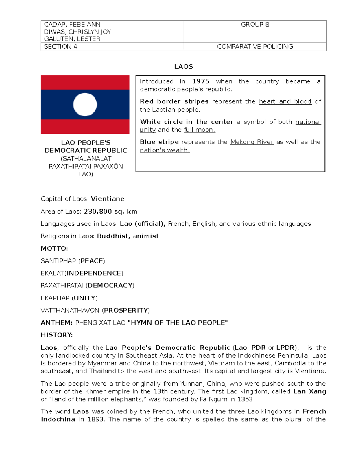 LAOS - Report of Comparative Policing Laos - CADAP, FEBE ANN DIWAS ...