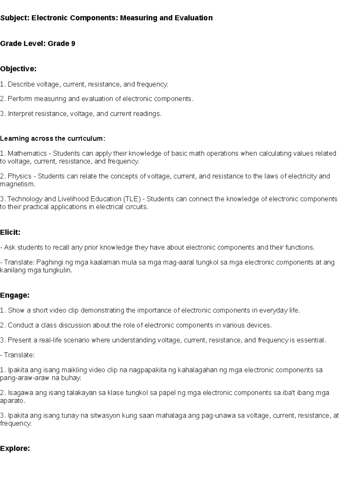 Lesson plan - Biology for Teachers - Subject: Electronic Components ...