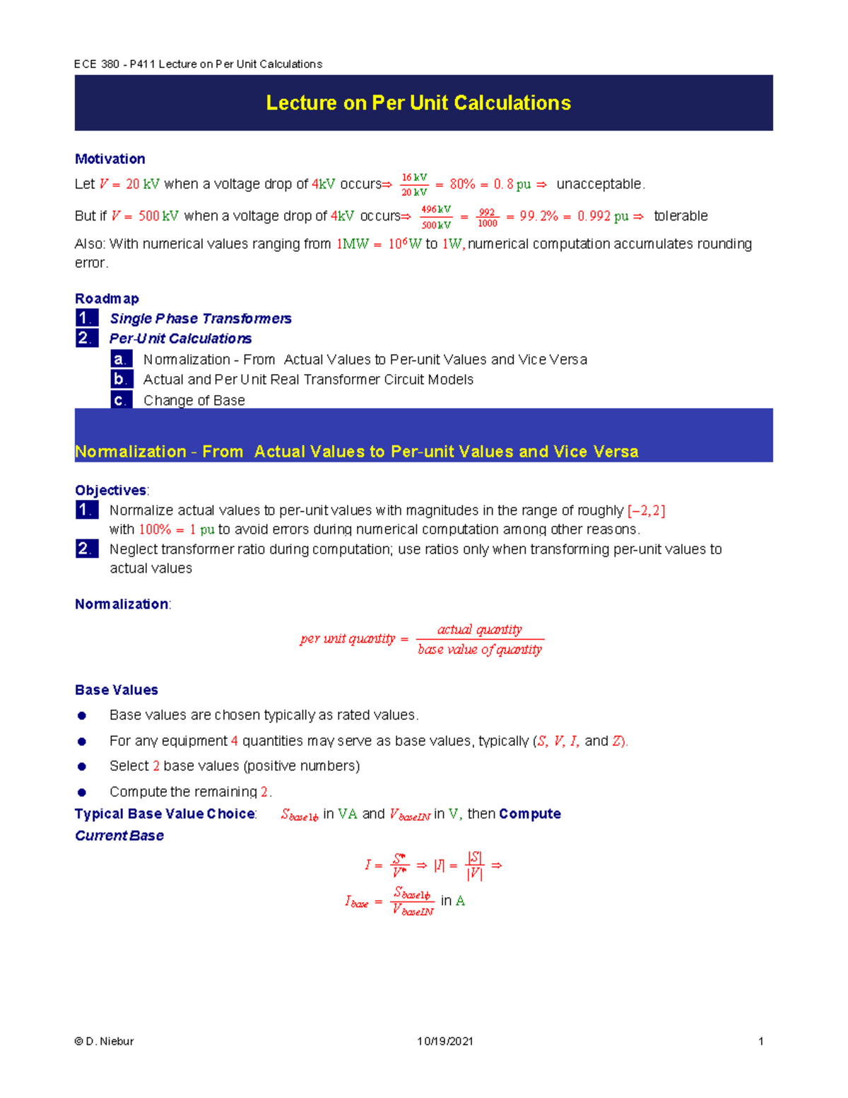 ECE 380 - P411 Lecture on PU Calculations - Lecture on Per Unit ...