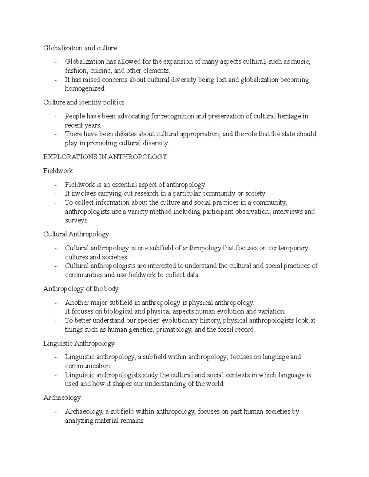 ANT 100 Notes 5 - Biological anthropology and archeology. Biological ...