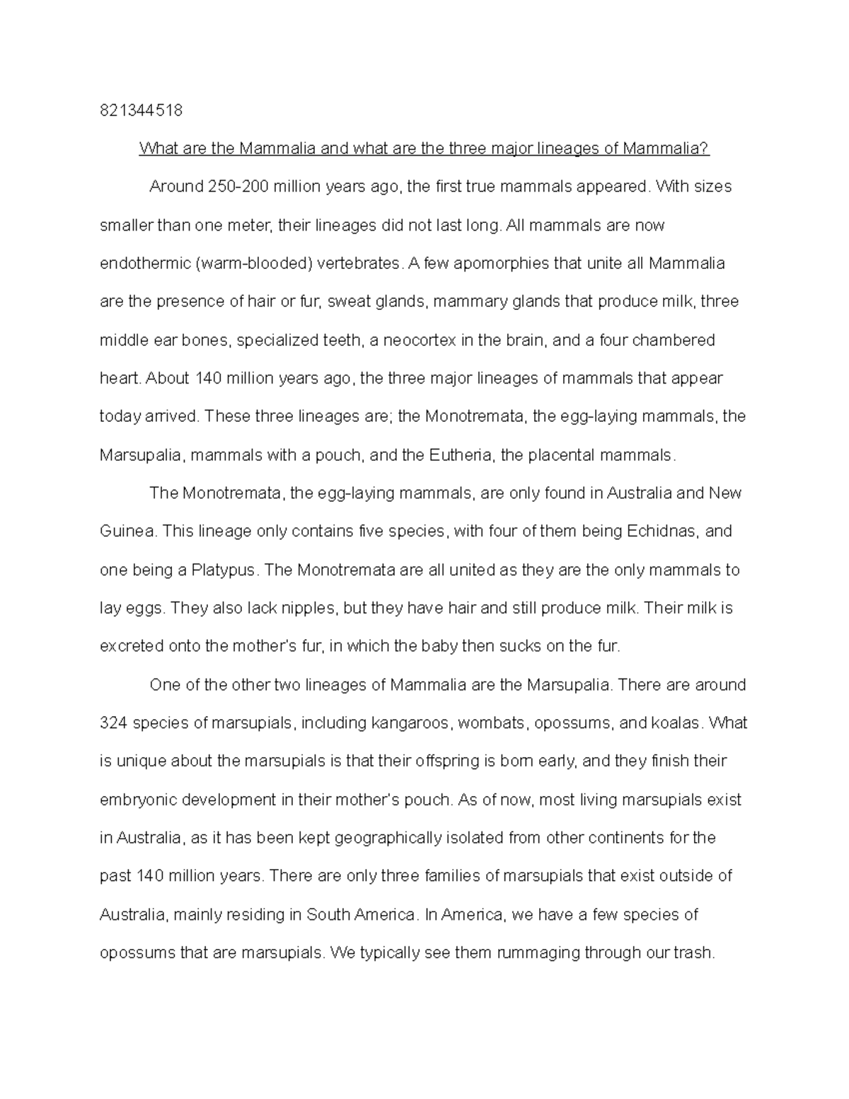 Bio Writing Assignment 3 821344518 What Are The Mammalia And What