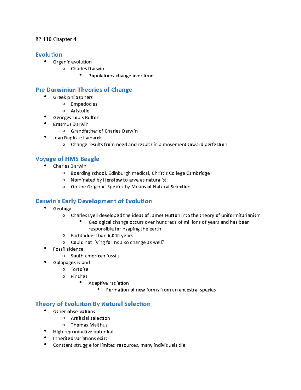 BZ 110 Chapter 4 - Animal Biology - BZ 110 Chapter 4 Evolution Organic evolution o Charles ...